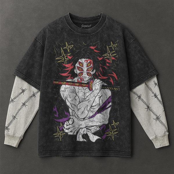 Demon Slayer Premium Flowy Black Double Sleeves Washed T-Shirt